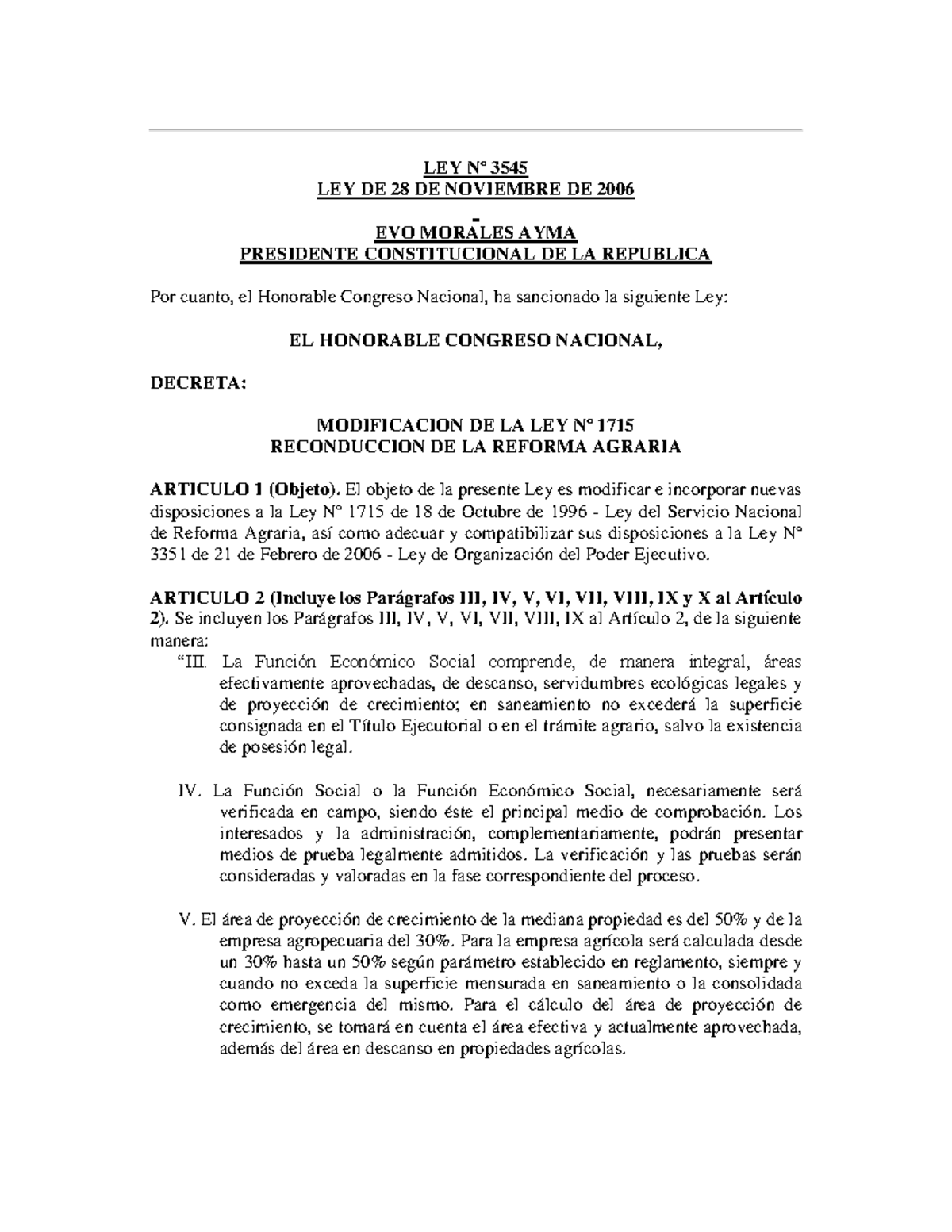 LEY 3545 - Conocimiento ley Inra - LEY Nº 3545 LEY DE 28 DE NOVIEMBRE ...