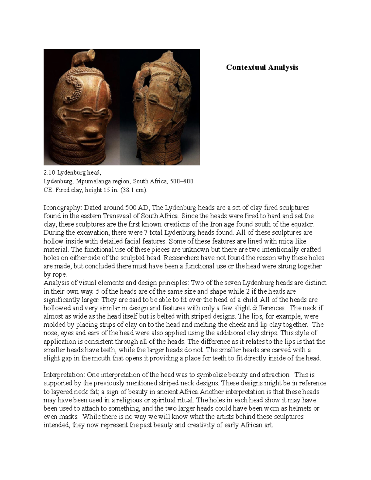 Module 2 discussion ART - Contextual Analysis 2 Lydenburg head ...