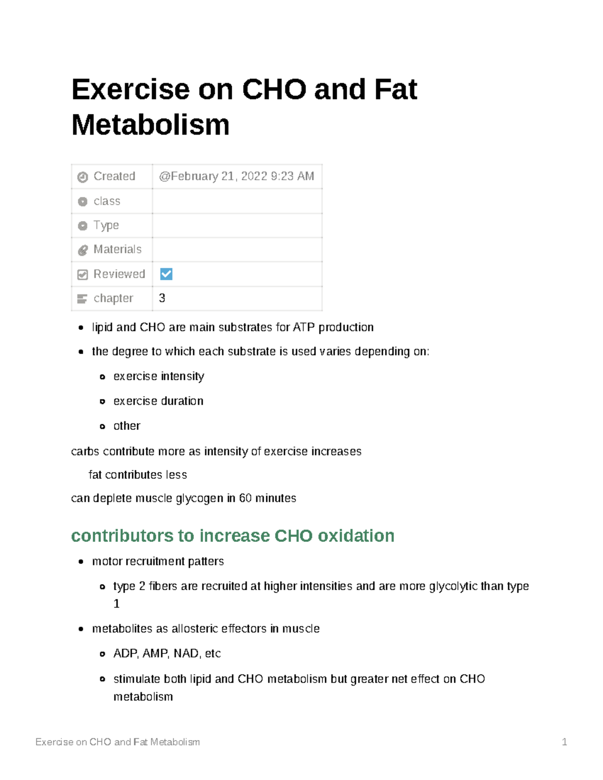 Exercise on CHO and Fat Metabolism - Studocu