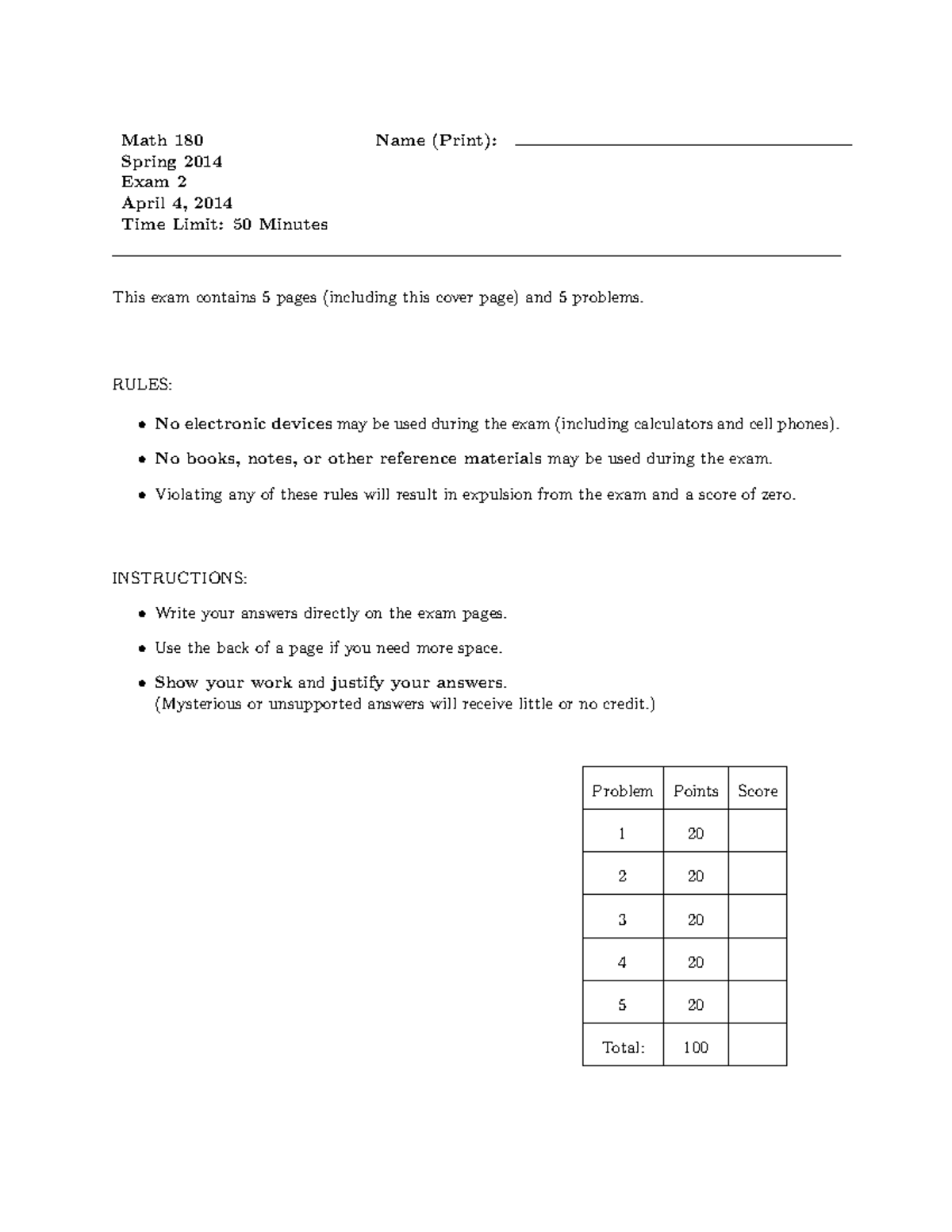 Math180 Second Spring 2014 Math 180 Name Print Spring 2014 Exam 2