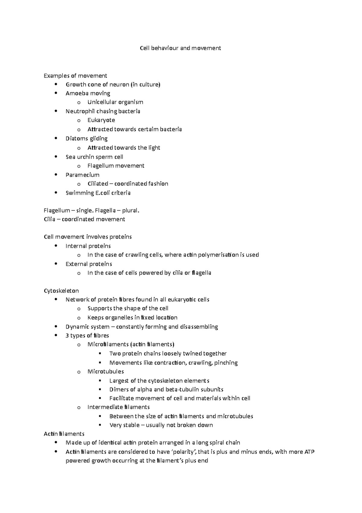 Cell Behaviour and movement - Cell behaviour and movement Examples of ...