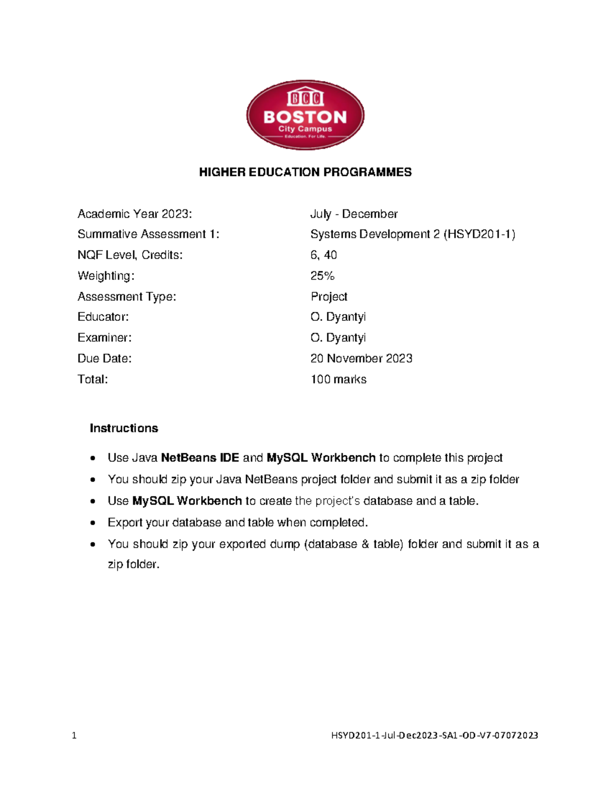 HSYD201 1 Jul Dec2023 SA1 OD V2 07072023 - HIGHER EDUCATION PROGRAMMES ...
