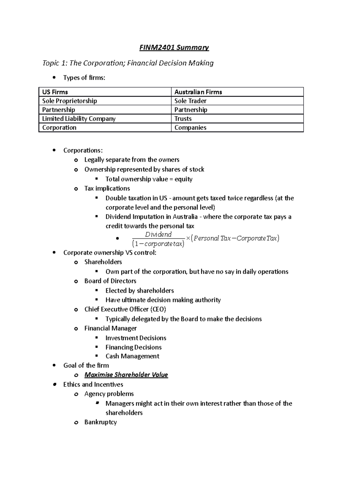 FINM2401 Summary - Lecture notes 1-11 - FINM2401 Summary Topic 1: The ...