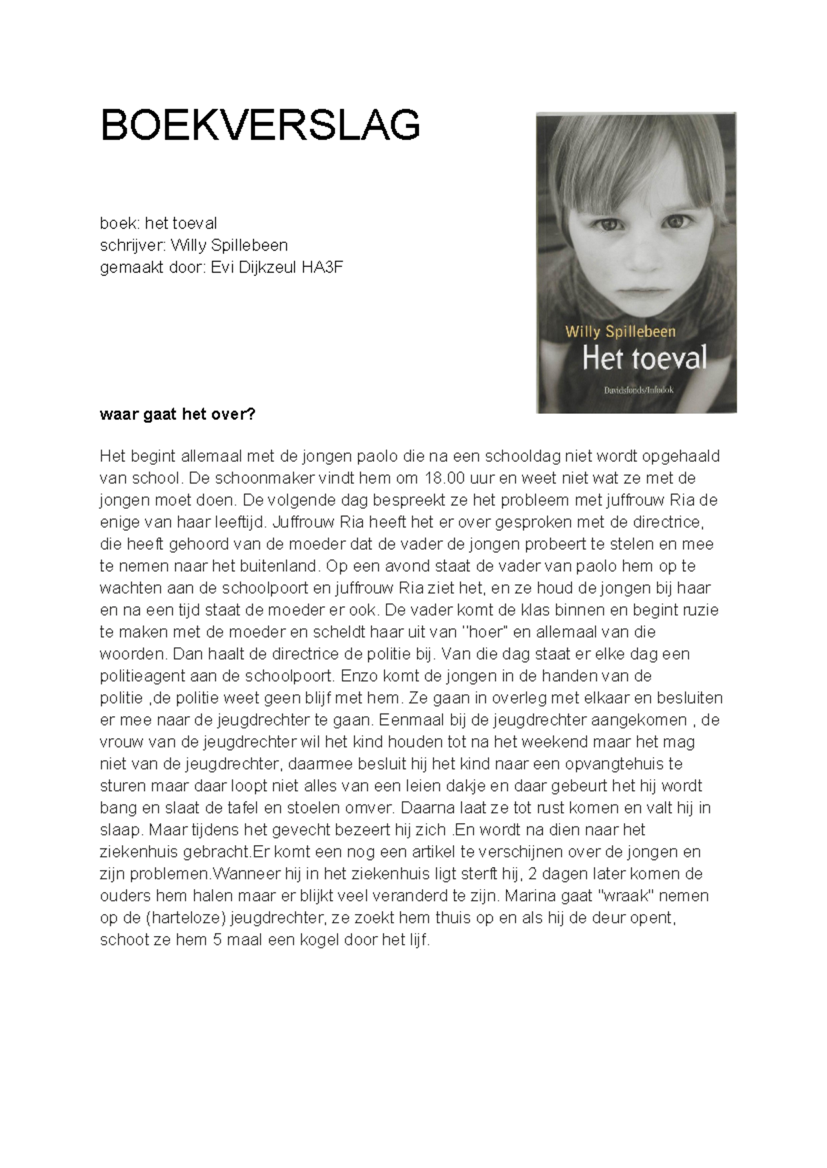 Boekverslag het toeval - Evi Dijkzeul - BOEKVERSLAG boek: het toeval ...