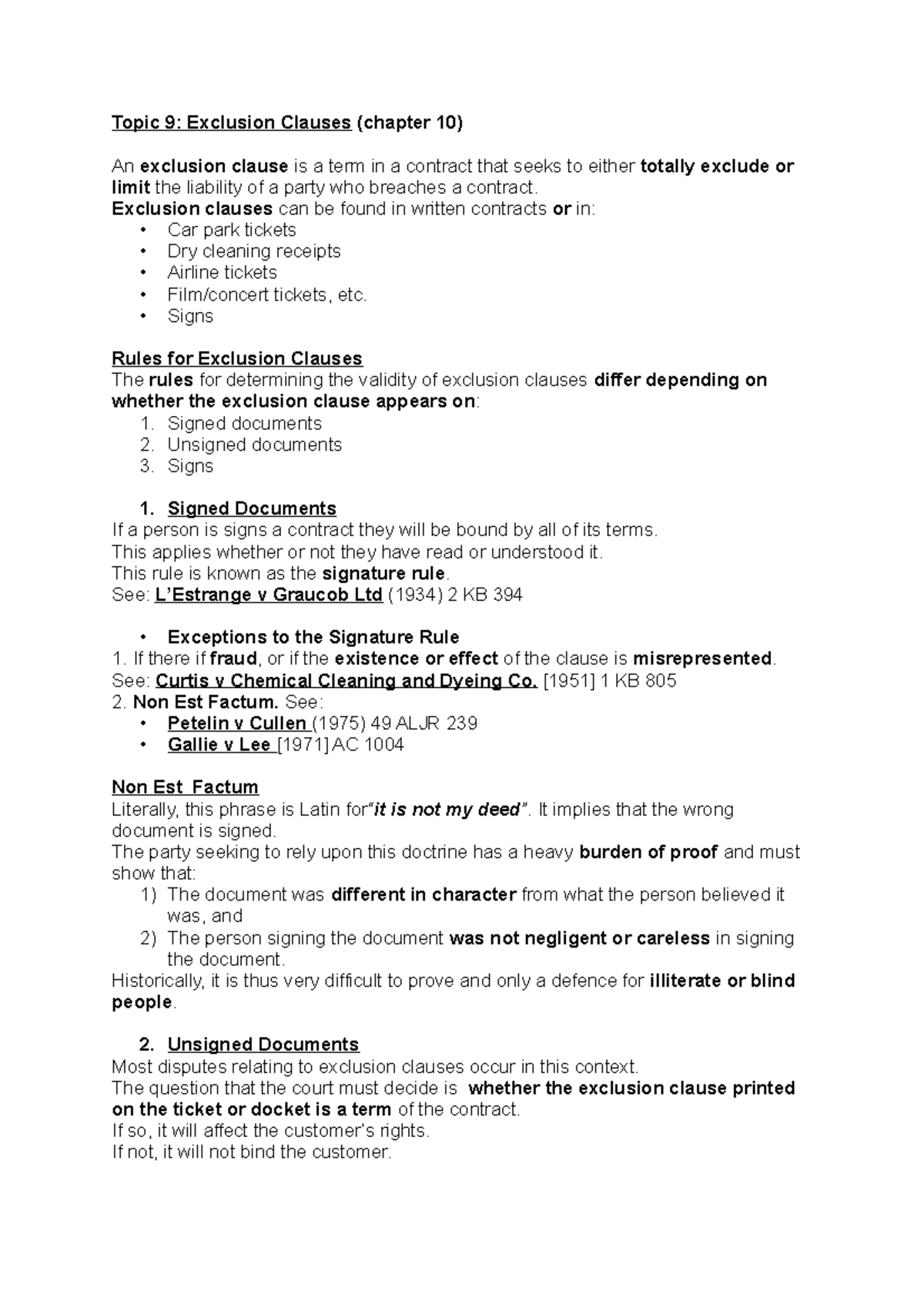 6 - Lecture notes and exam summary - Topic 9: Exclusion Clauses ...