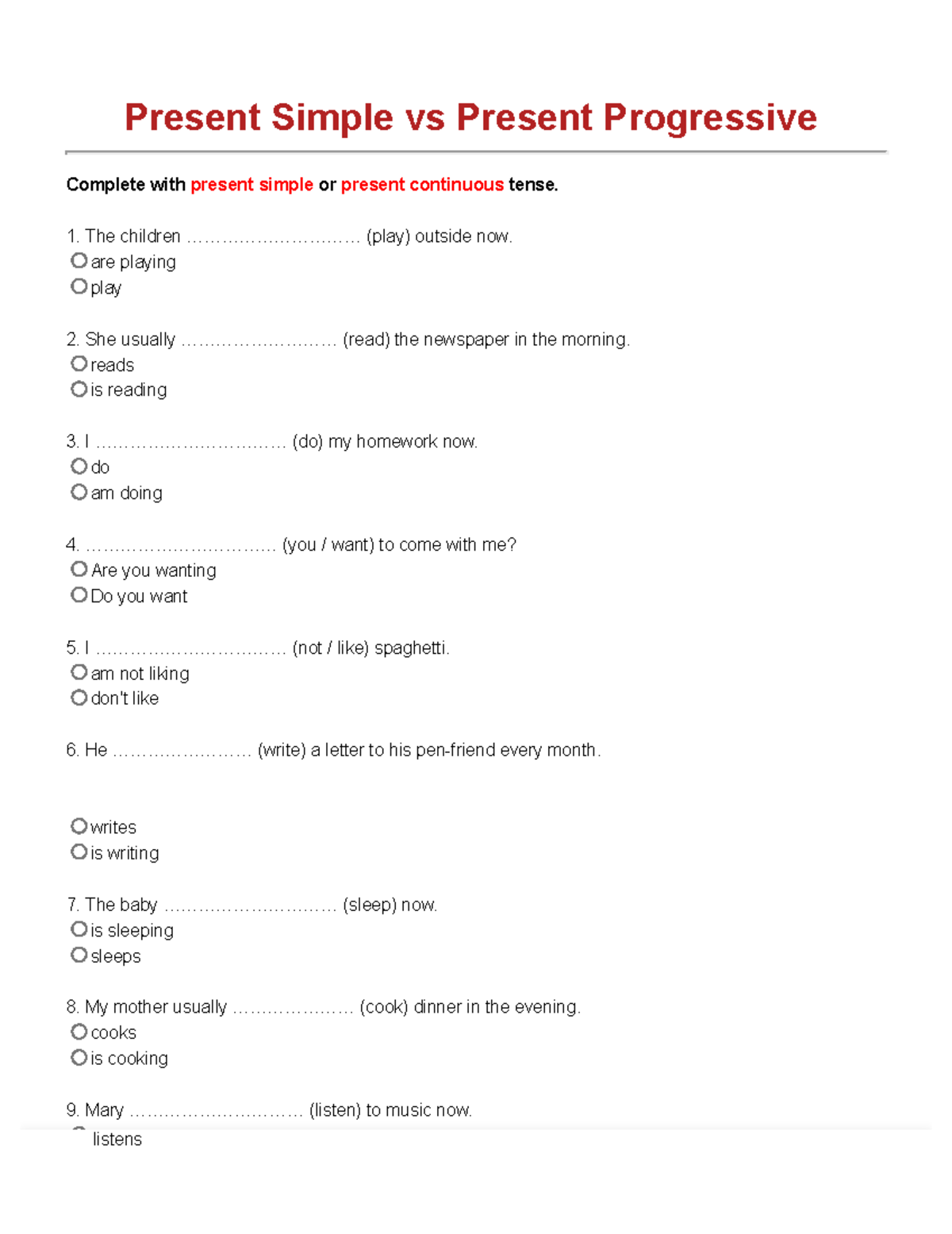 1 B1 Present Simple vs Present 1B 1 Progressive Exercises with Answers ...