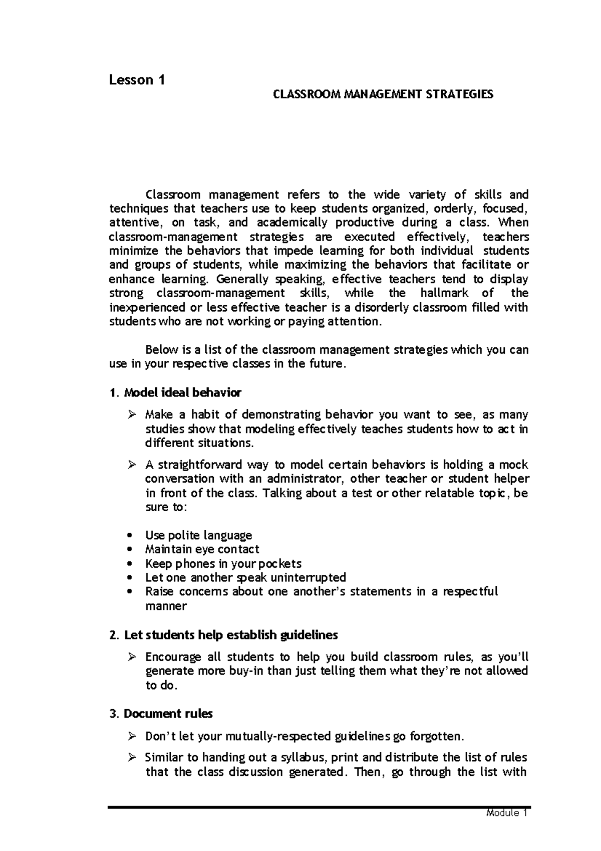 Lesson 1 Classroom Management Strategies - Lesson 1 CLASSROOM ...