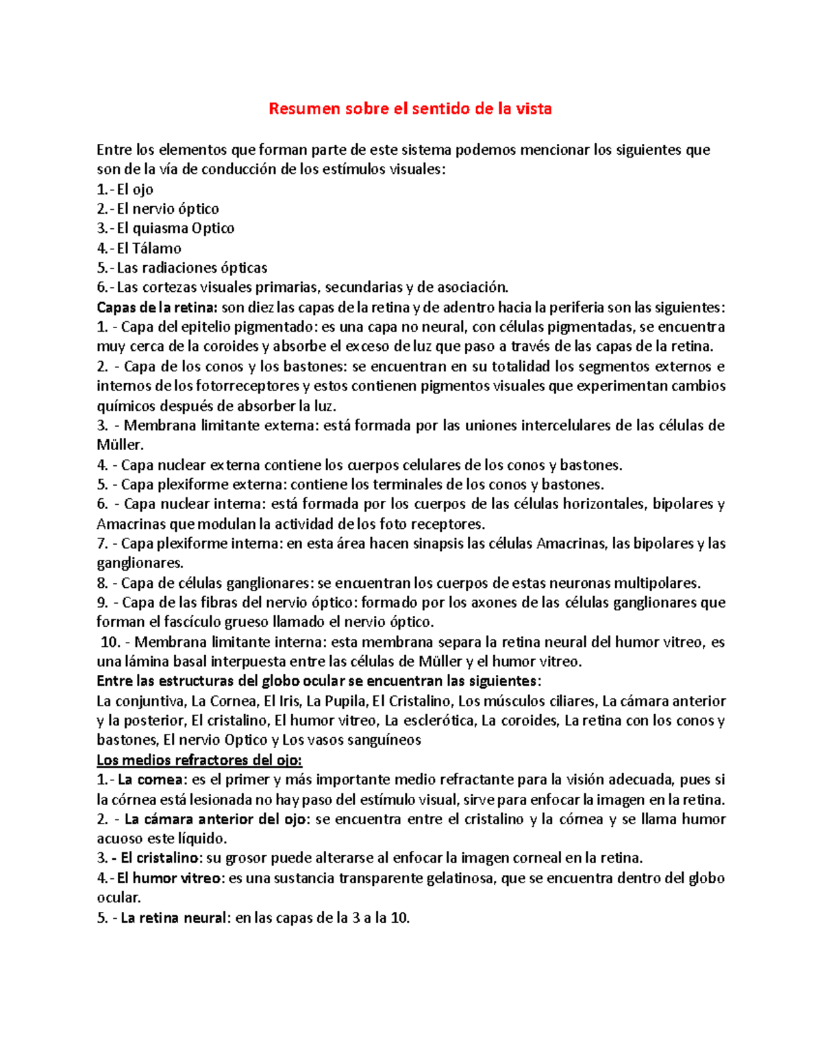 Resumen DEL Sentido DE LA Vista Resumen Sobre El Sentido De La Vista