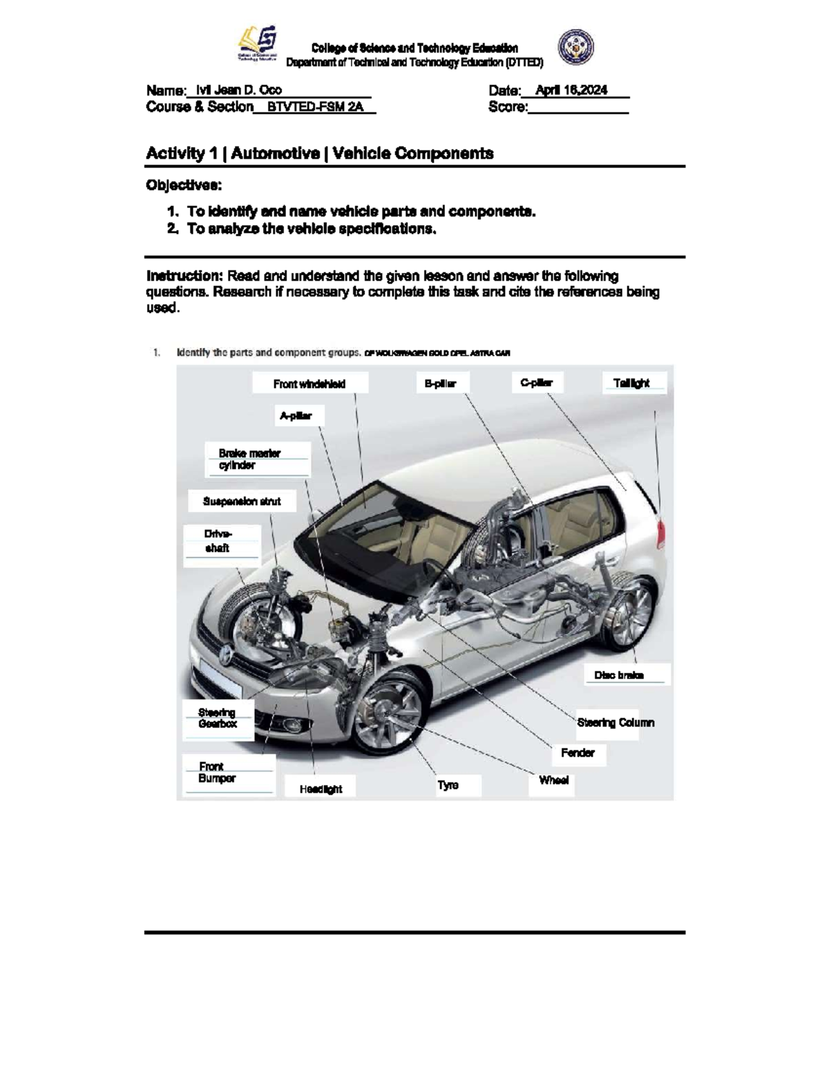 Activity 1 Automotive Vehicle Components - Education - Studocu