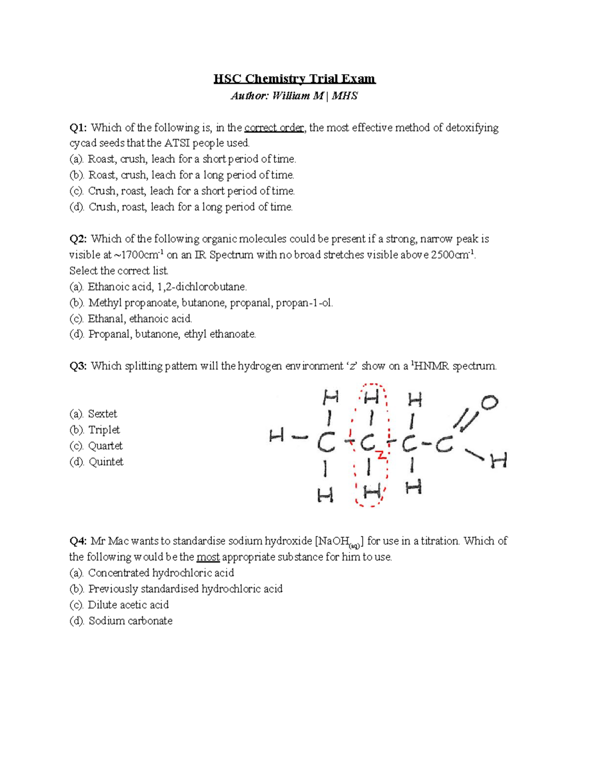 2020 CHEM - MHS Trial Paper (Only Multiple Choice) - HSC Chemistry ...