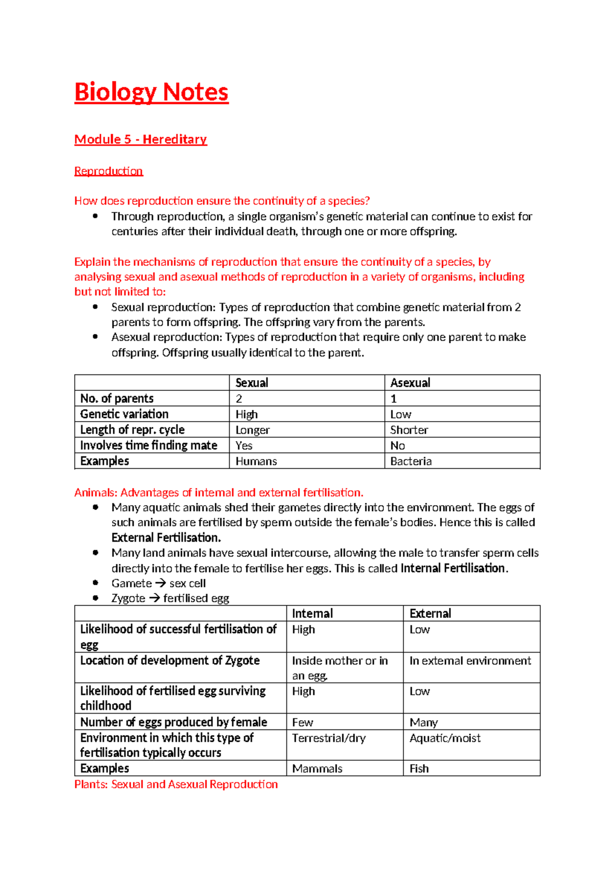 Module 5 - Bio notes - Biology Notes Module 5 - Hereditary Reproduction ...
