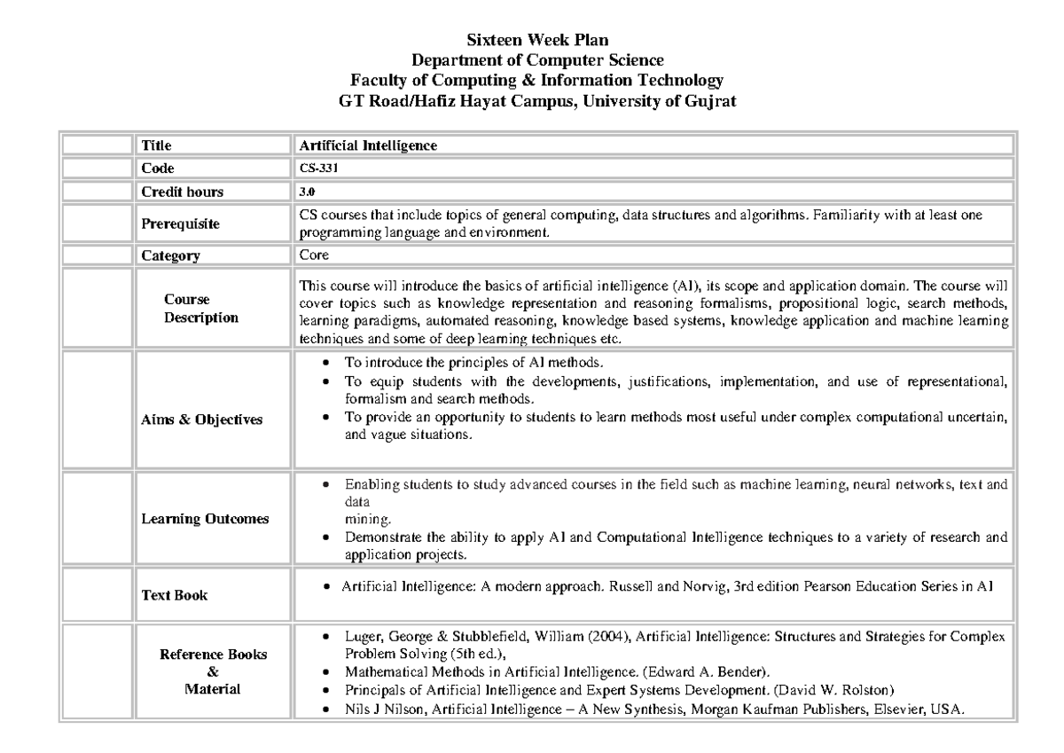 CS AI 16 Weeks Plan - Sixteen Week Plan Department of Computer Science ...
