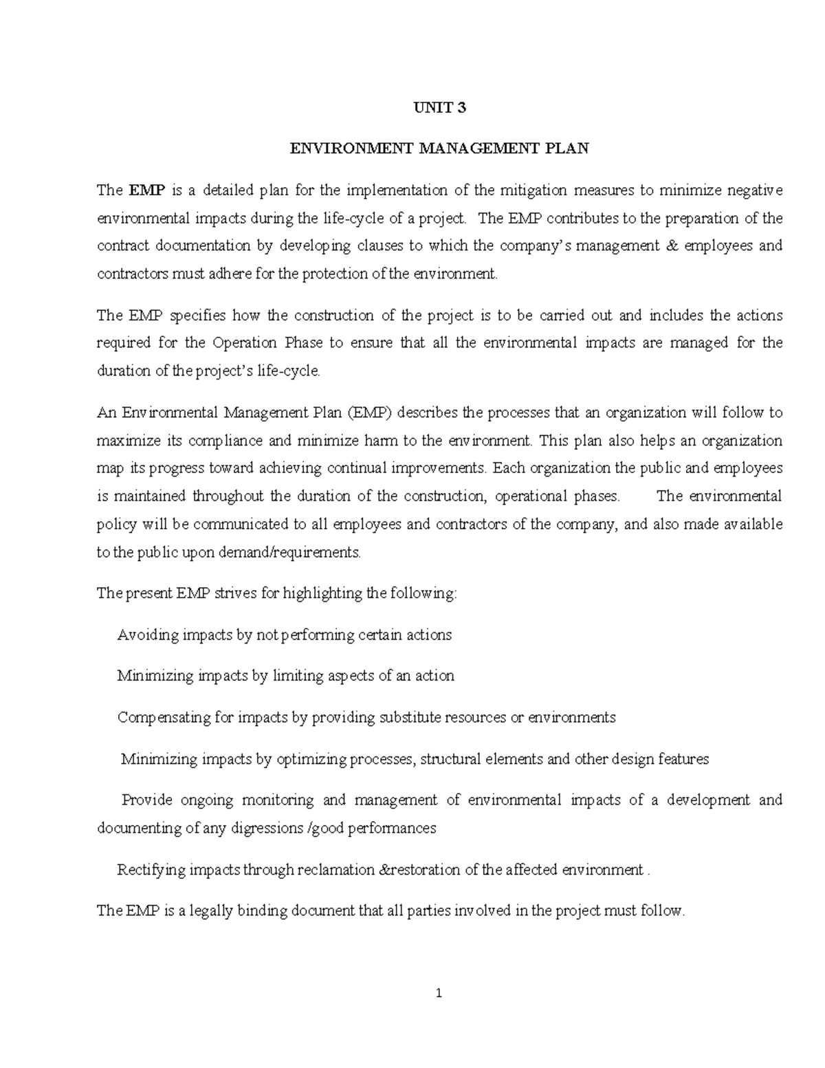 ESIA UNIT 3 - Study material - UNIT 3 ENVIRONMENT MANAGEMENT PLAN The ...