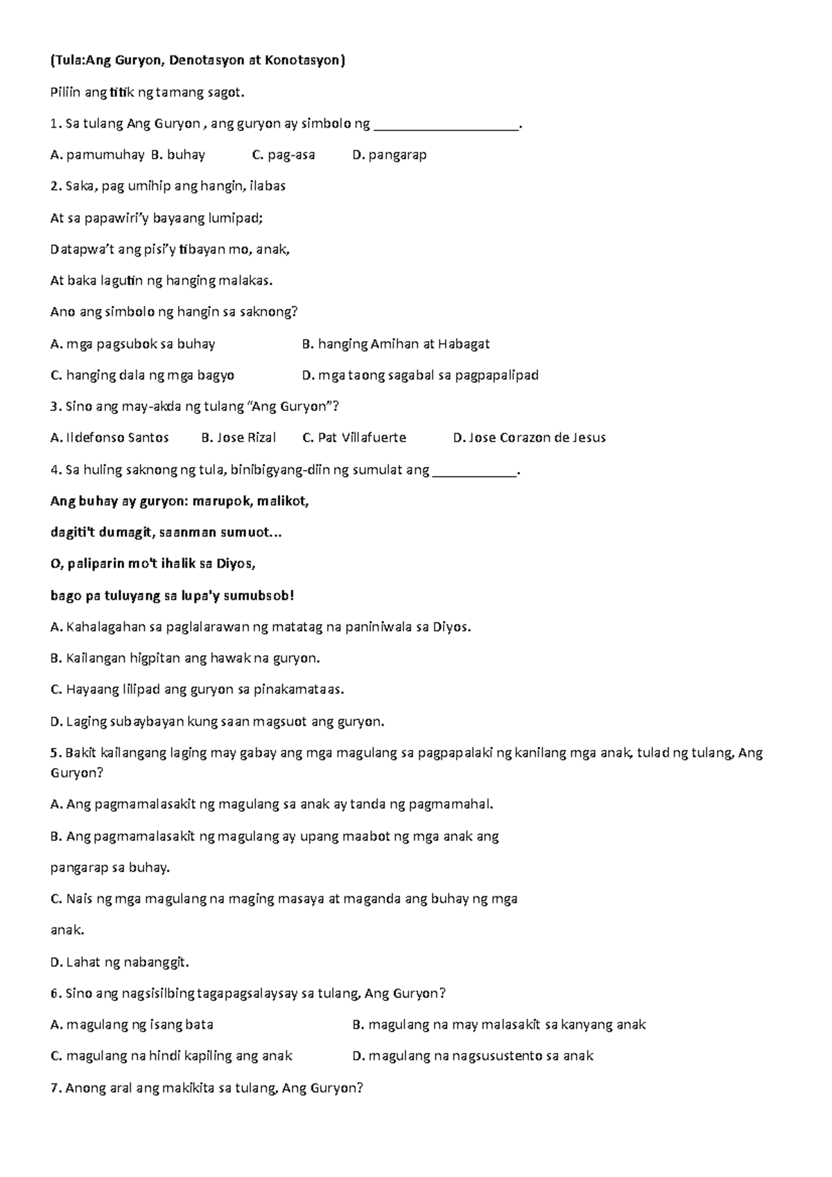 Quiz tula at denotasyon, konotasyon - (Tula:Ang Guryon, Denotasyon at ...