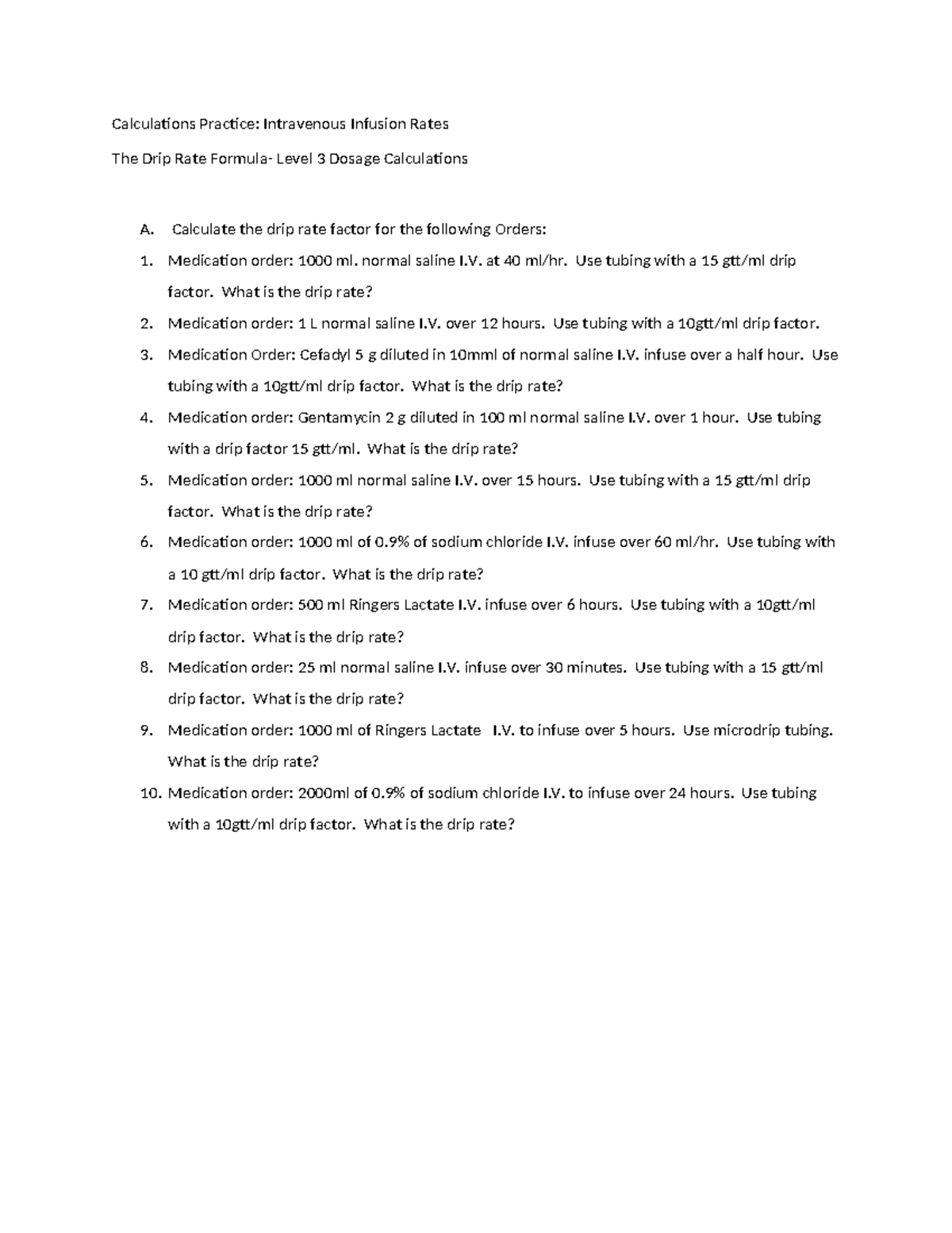 Answers for IV Dosage Calculations practice questions Level 3 ...