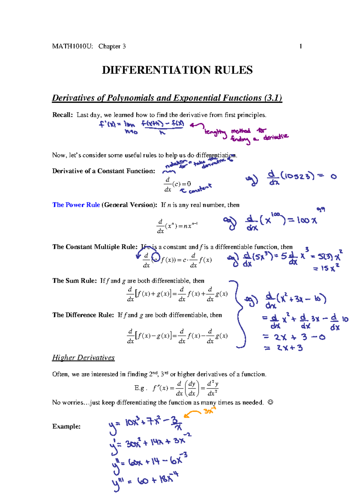 Calculus I Lecture 6 - MATH1010U: Chapter 3 1 DIFFERENTIATION RULES ...