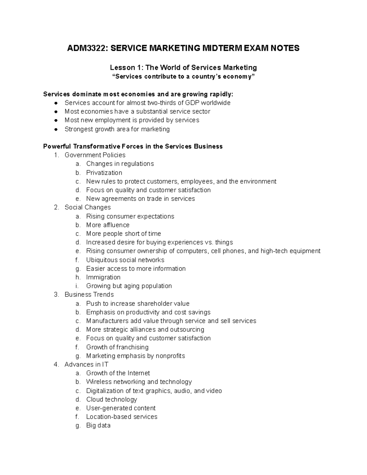 Service Marketing Midterm EXAM Notes - ADM3322: SERVICE MARKETING ...