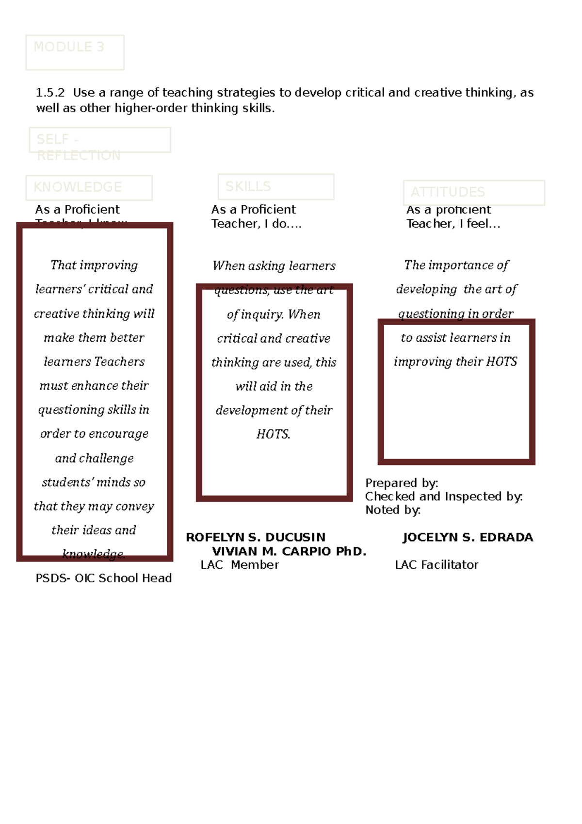 Self reflection module 3 - 1.5 Use a range of teaching strategies to ...