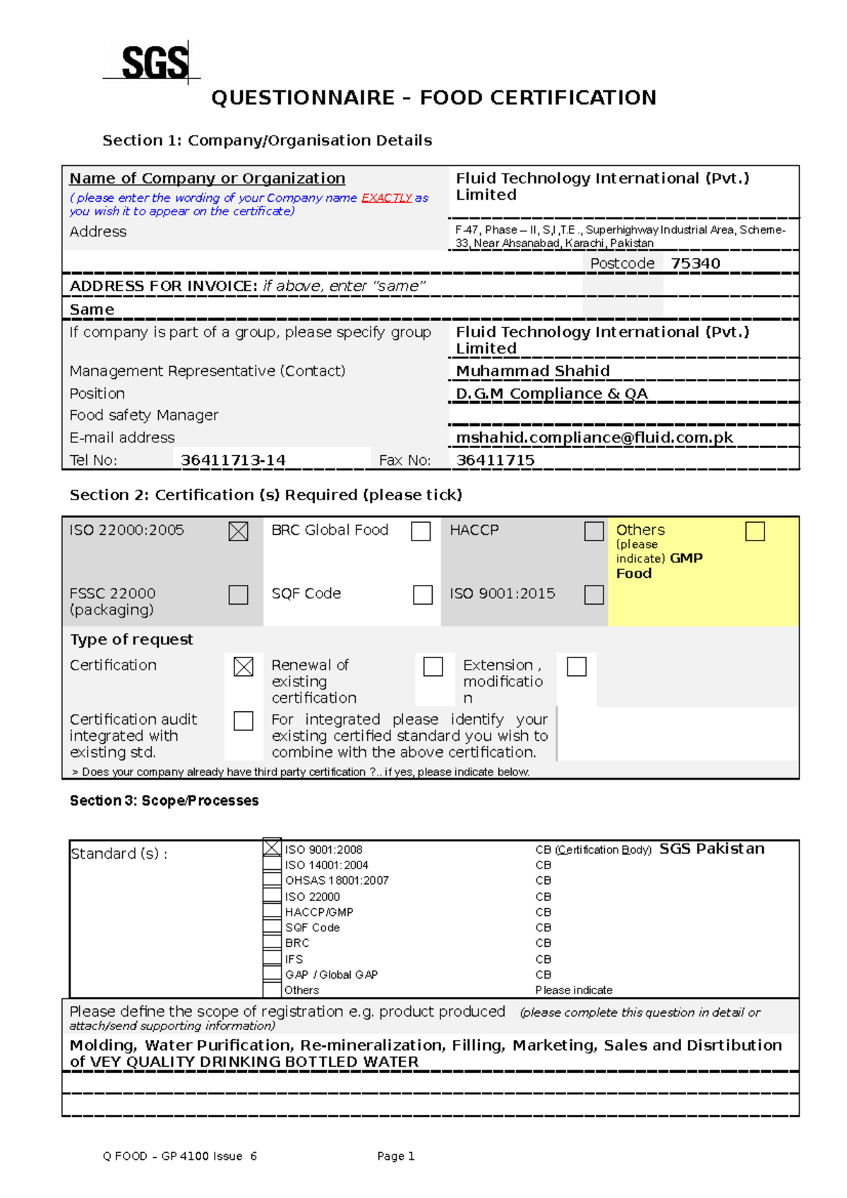 GP 4100 Food Questionnaire - QUESTIONNAIRE – FOOD CERTIFICATION Section ...