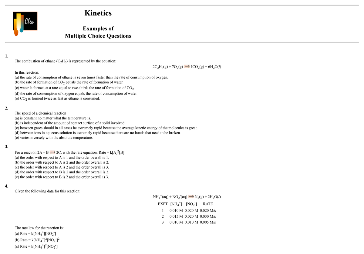MCQ kinetics - Kinetics Examples of Multiple Choice Questions 1. The ...