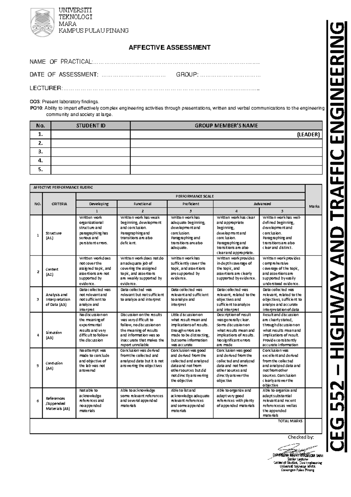 CEG552 Affective Test Form and Rubric (LAB Report) - civil engineering ...