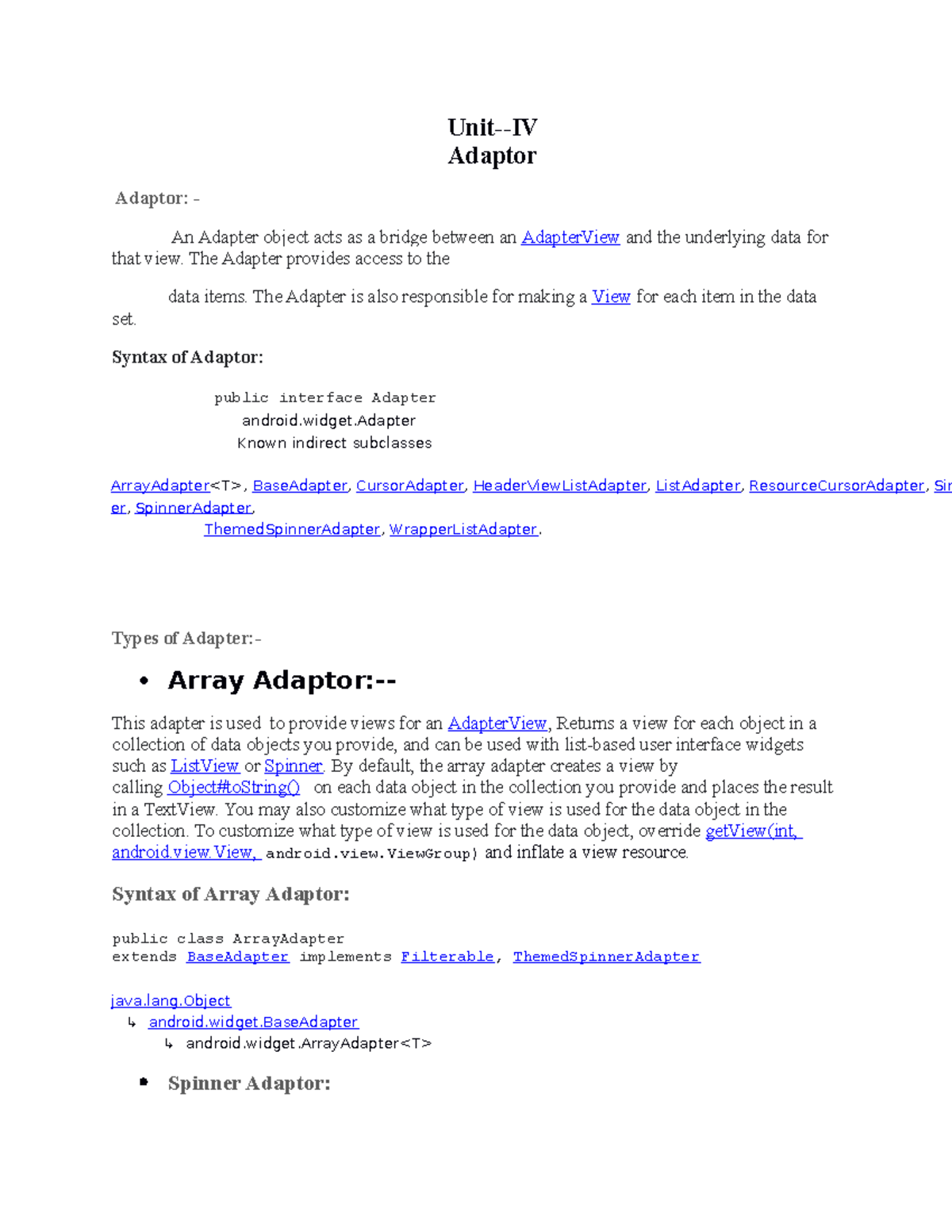 Unit-4 MAD - IMPORTANT - Unit-IV Adaptor Adaptor: - An Adapter object acts as a bridge between ...