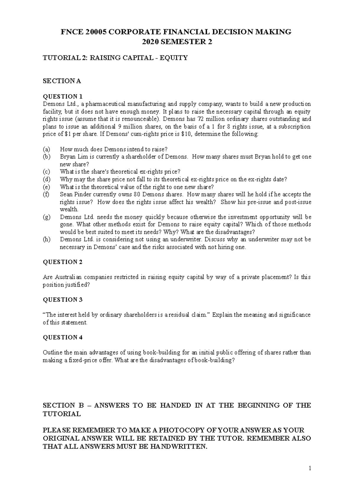 Tute 2 2020 with solutions, tutorial work - FNCE30002 - Unimelb - Studocu