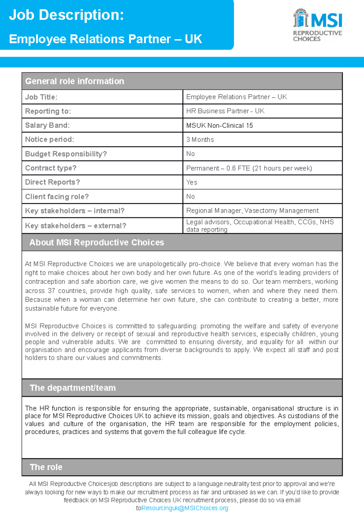 Job Description ER Partner - UK - Job Description: Employee Relations ...