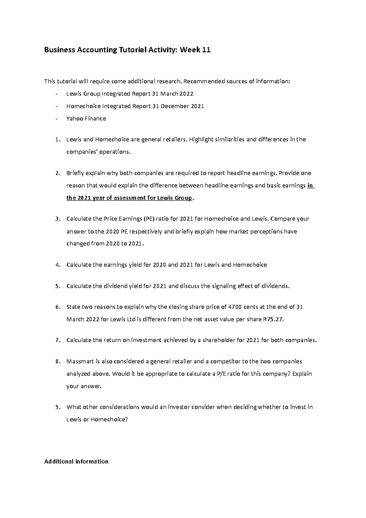 WEEK 11 Tutorial Activity Market ratios - Business Accounting Tutorial ...