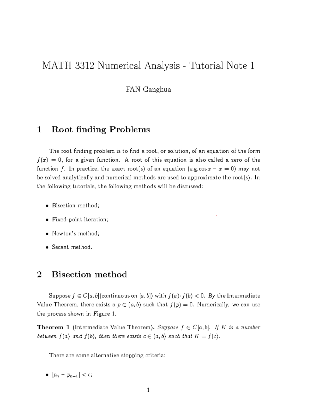 Note 1 - Bisection Method - MATH 3312 Numerical Analysis - Tutorial Note 1 FAN Ganghua 1 Root ...
