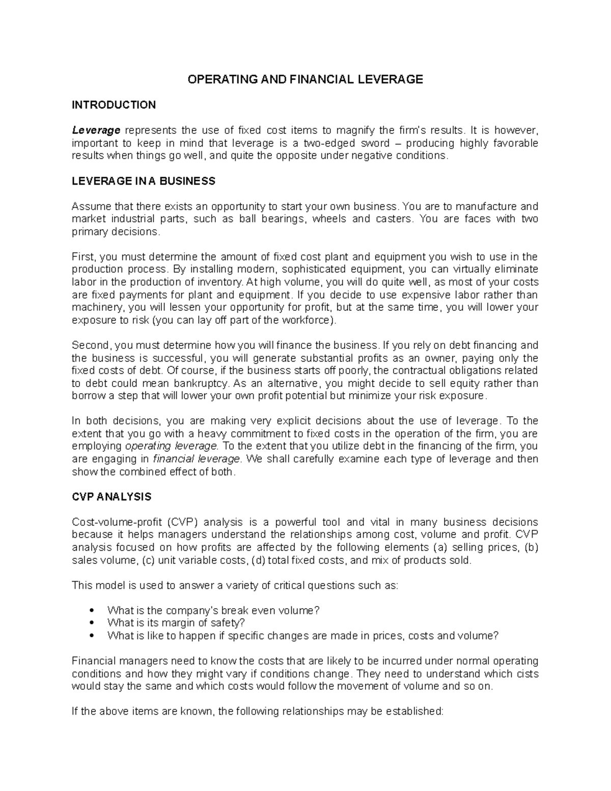 Operating AND Financial Leverage Final - OPERATING AND FINANCIAL ...