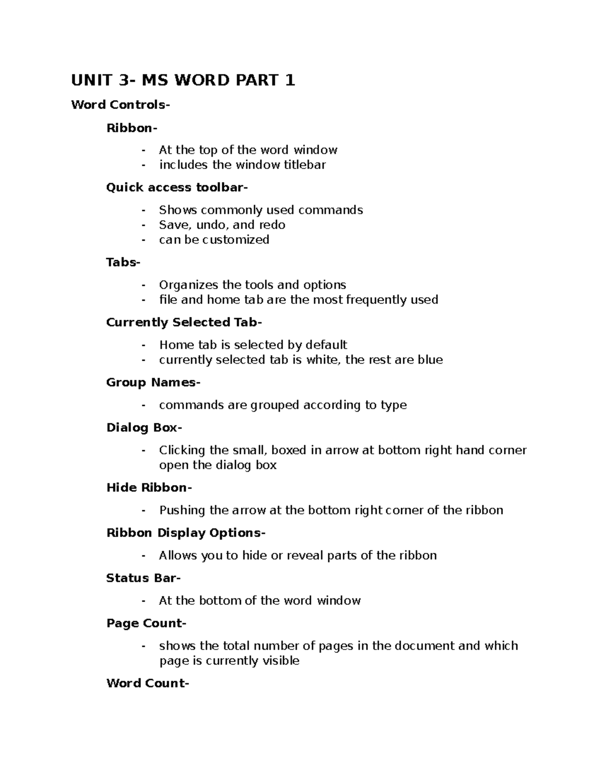 UNIT 3- MS word pt 1 - Lecture notes 3 - UNIT 3- MS WORD PART 1 Word ...