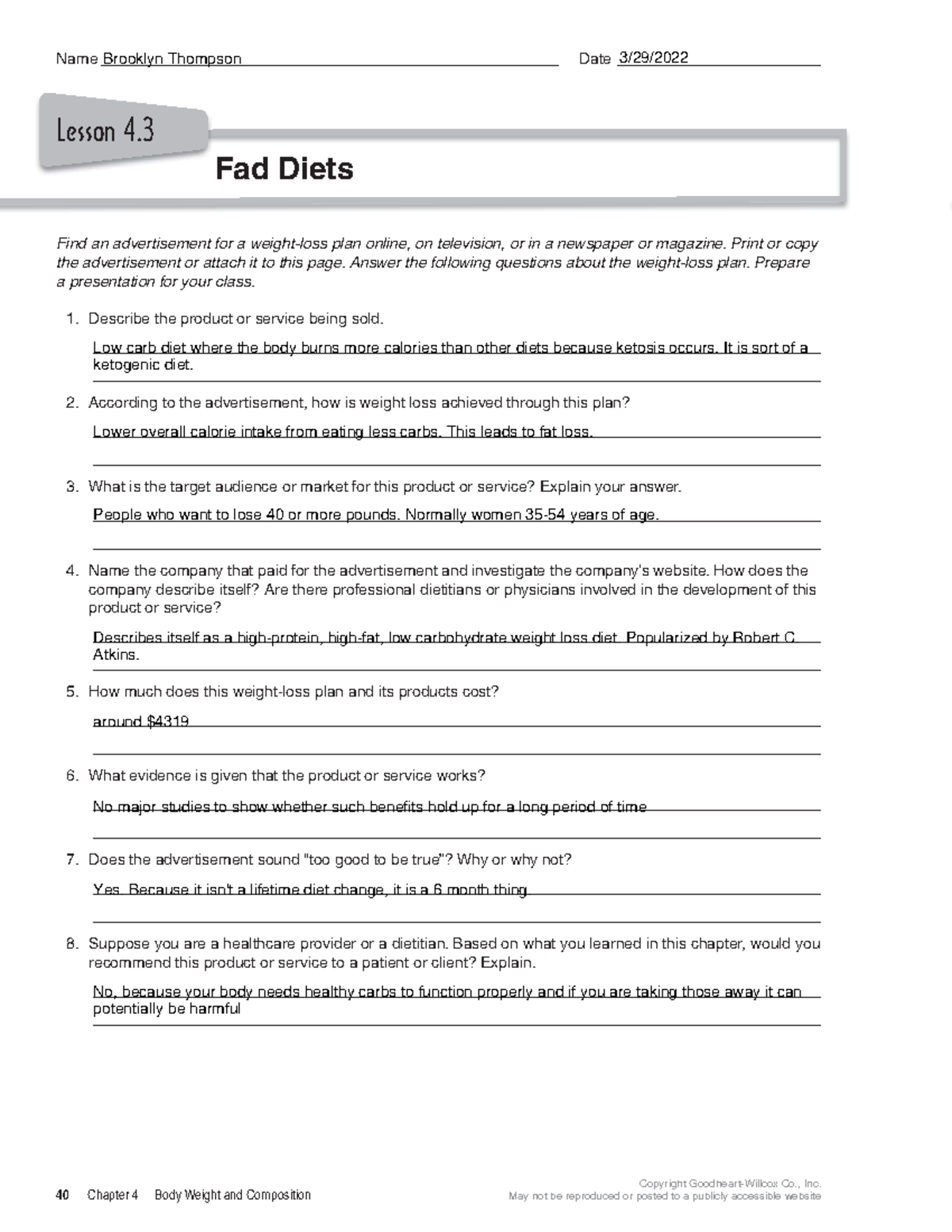 4.3 Fad Diets health notes for health - 40 Chapter 4 Body Weight and ...
