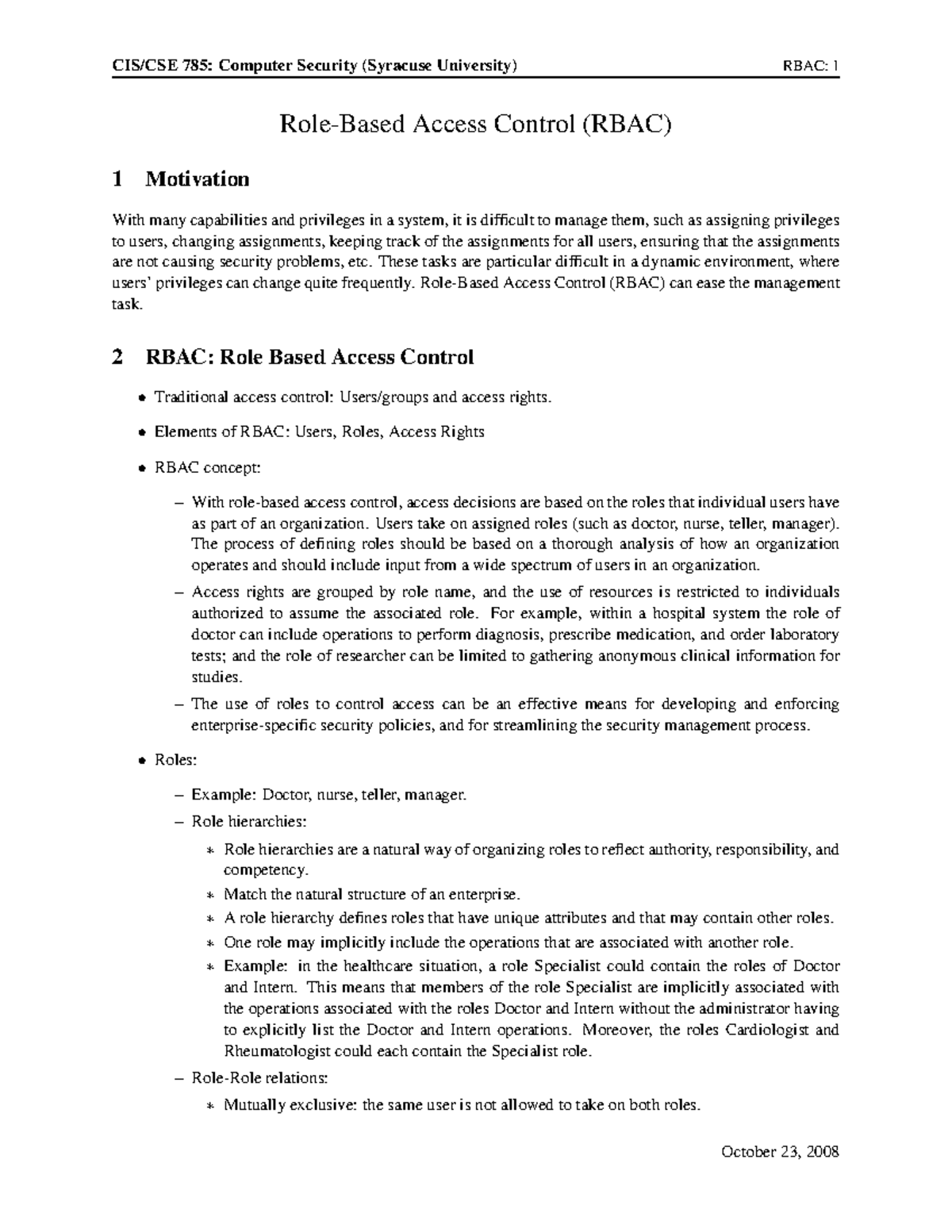 Rbac Rbac Computer Systems Security Role Based Access Control Rbac 1 Motivation With Many
