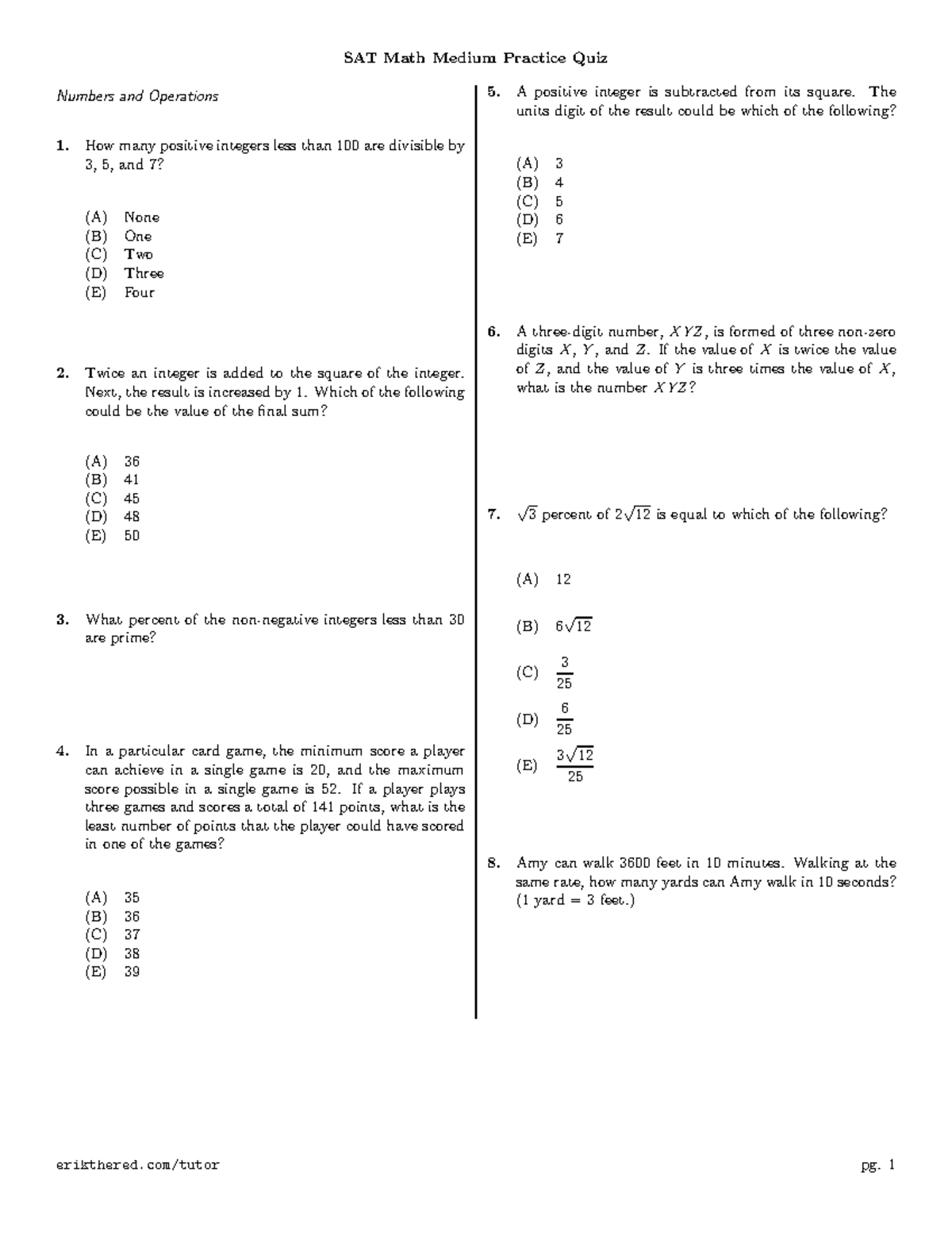 [Mathematics] Math Medium Practice Quiz - SAT Math Medium Practice Quiz ...