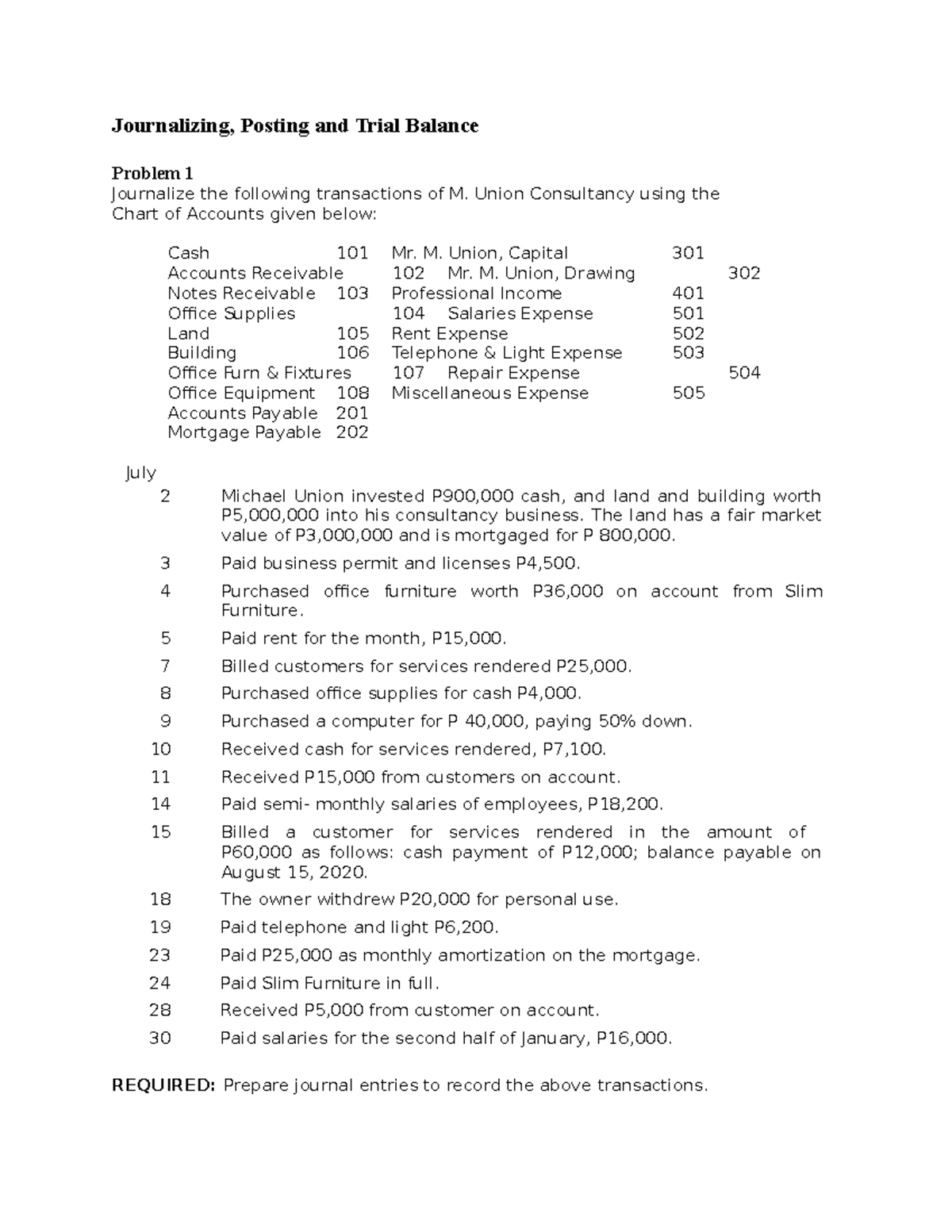 Exercises-Journalizing.Posting, Trial Balance - Journalizing, Posting ...
