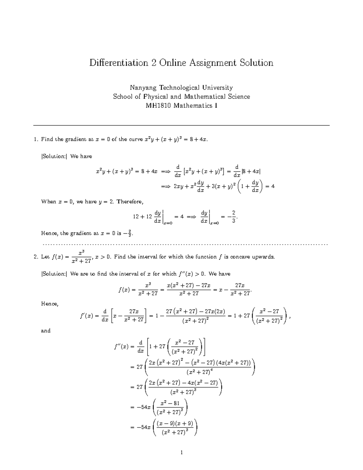 21S1 Differentiation 2 Online Assignment Solution - Differentiation 2 Online Assignment Solution ...