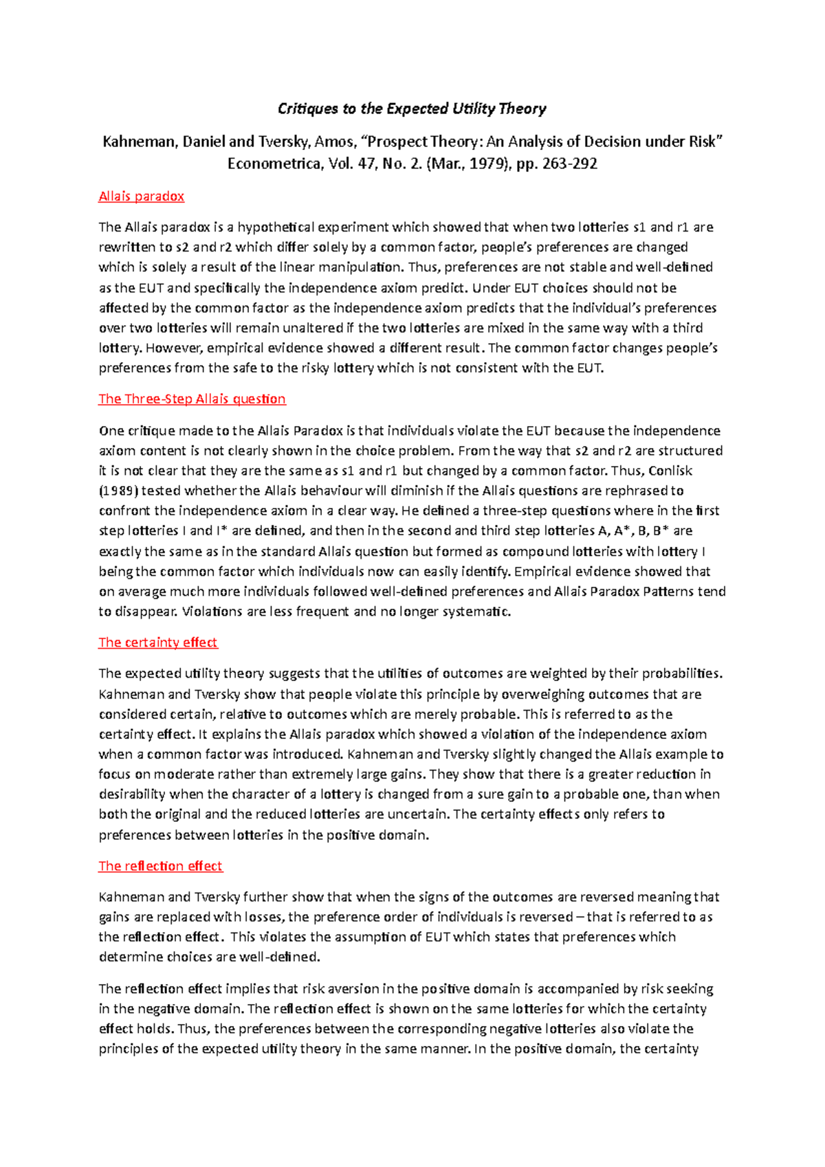 Critiques to the EUT - Critiques to the Expected Utility Theory ...