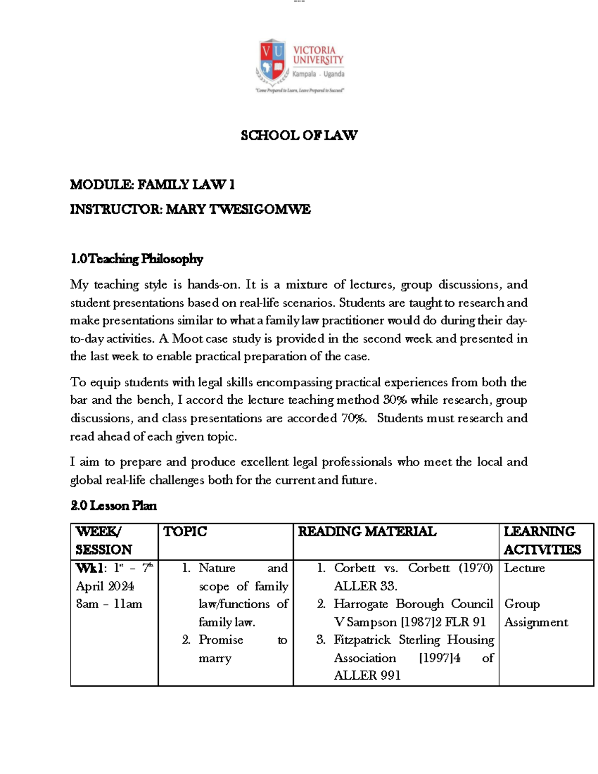 Family LAW 1 Lesson PLAN 2024 - SCHOOL OF LAW MODULE: FAMILY LAW 1 ...