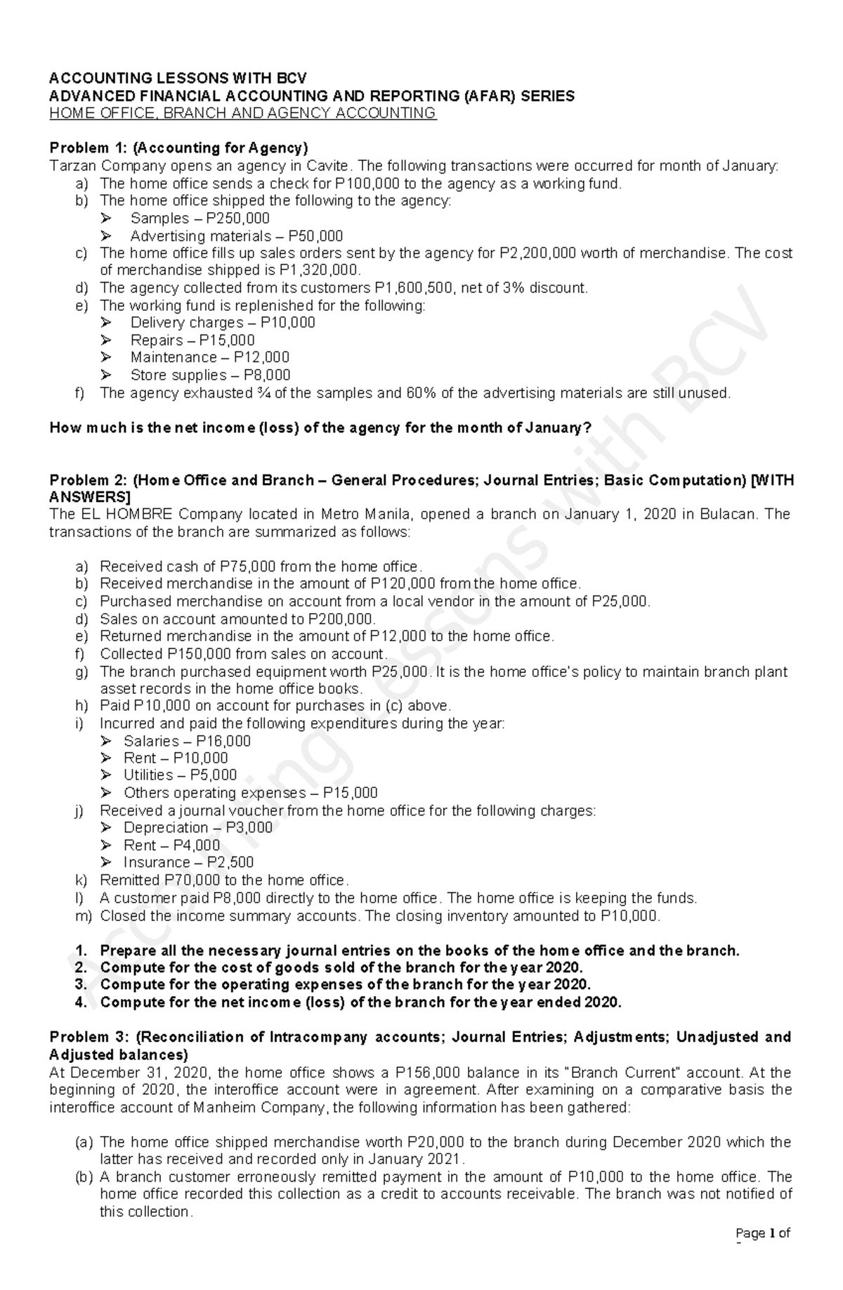 BCV-YT Home Office, Branch, and Agency Accounting - Page 1 of 3 ...