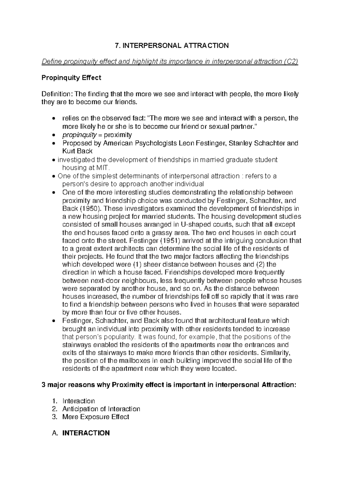 UNIT 7 - social psychology - 7. INTERPERSONAL ATTRACTION Define ...