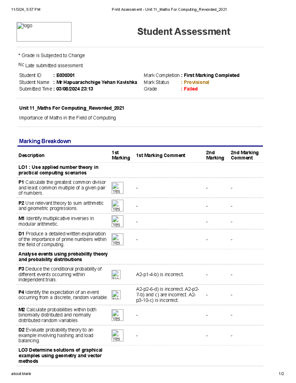 Print Assessment - Unit 11 Maths For Computing Reworded 2021 - logo Student Assessment * Grade ...