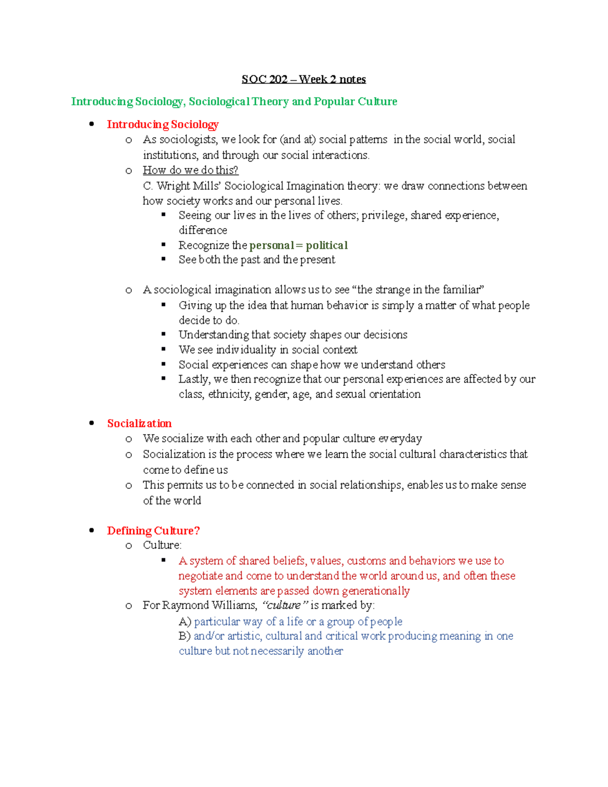 Week 2 notes - SOC 202 – Week 2 notes Introducing Sociology ...