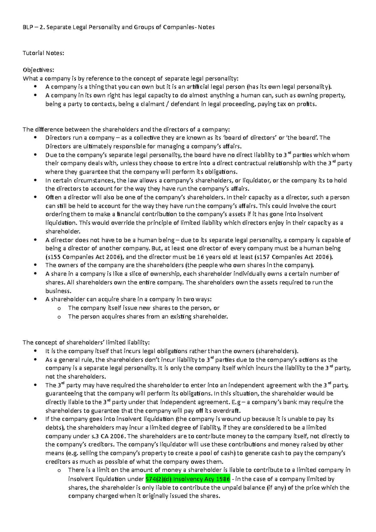 BLP 2 - Separate Legal Personality and groups - Notes - BLP – 2 ...