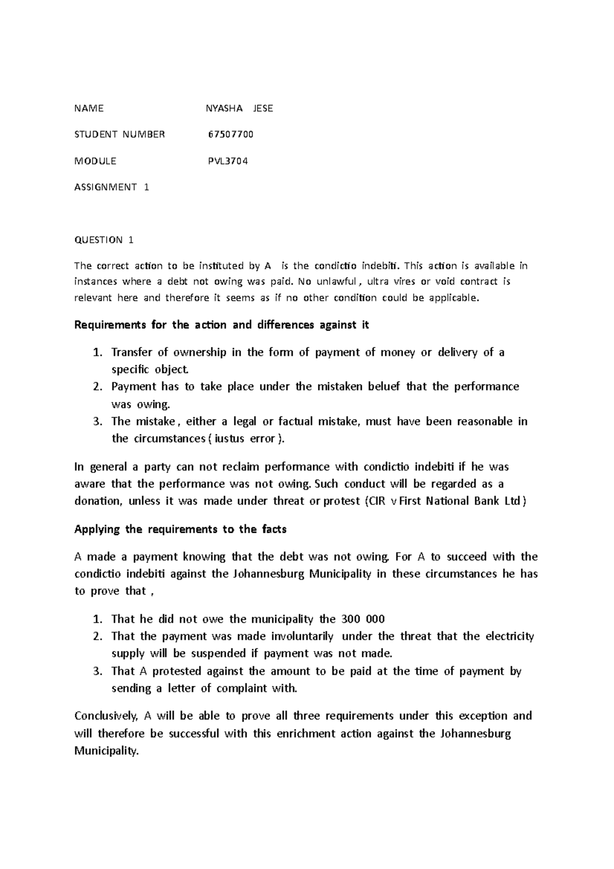 67507700 pvl3704 assignment - NAME NYASHA JESE STUDENT NUMBER 67507700 MODULE PVL ASSIGNMENT 1 ...