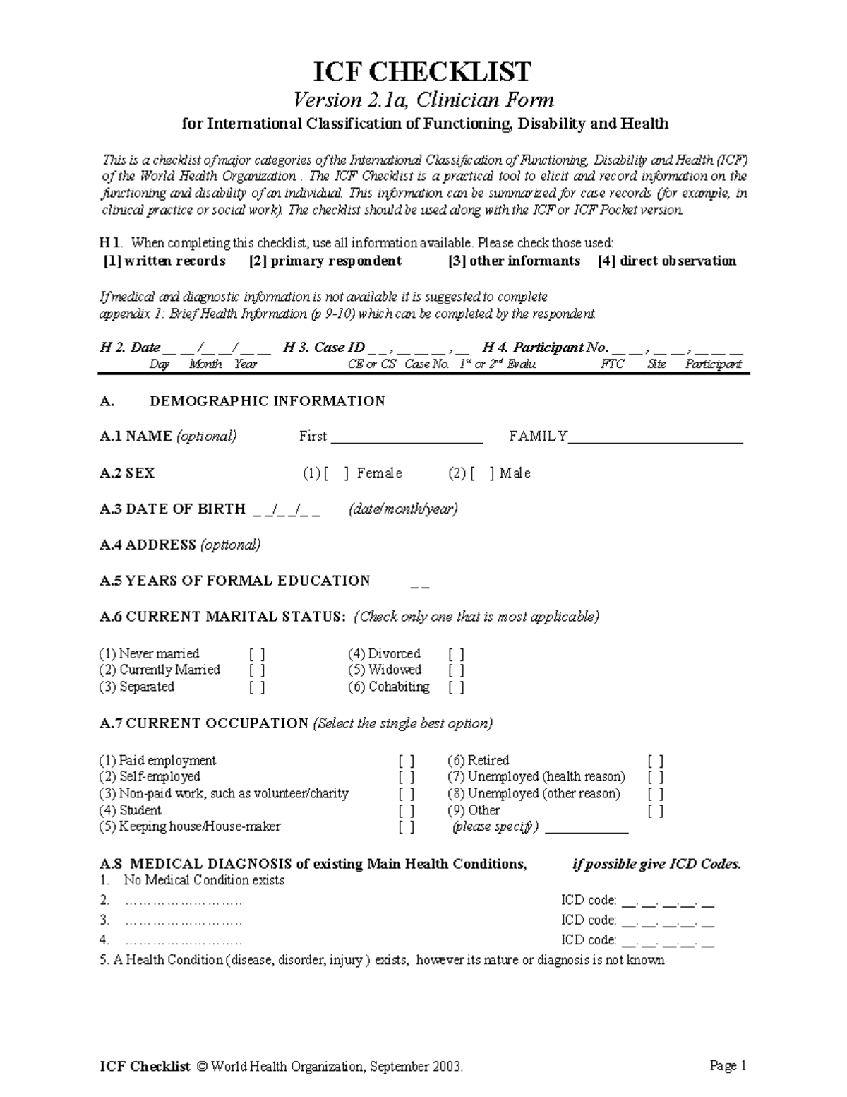 ICF Checklist - Page 1 ICF CHECKLIST Version 2, Clinician Form for ...