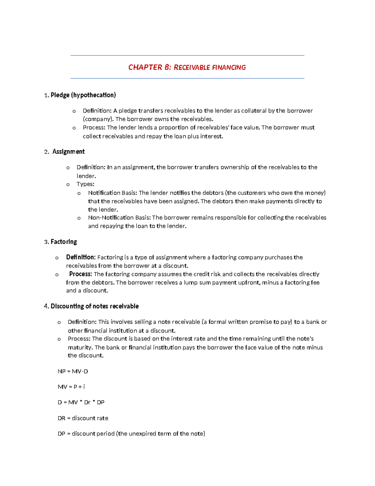 Chapter 8 - IA 1A - CHAPTER 8: RECEIVABLE FINANCING 1. Pledge ...
