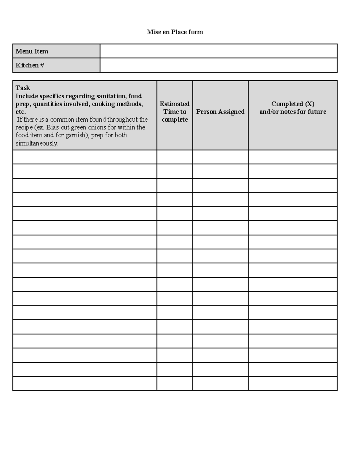 Mise en Place Form (workplan)-1 - Mise en Place form Menu Item Kitchen ...