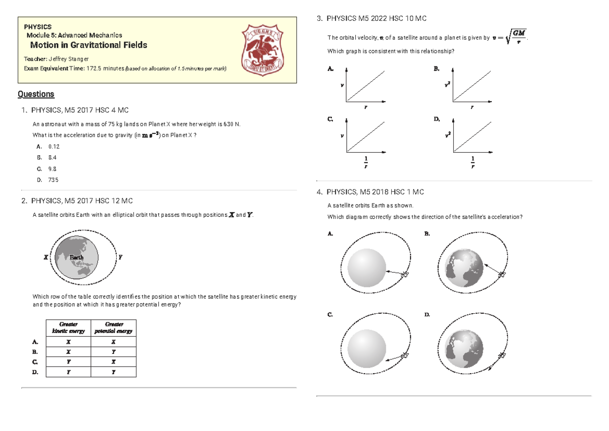 Module 5 Grav field Q - 1. PHYSICS, M5 2017 HSC 4 MC 2. PHYSICS, M5 ...