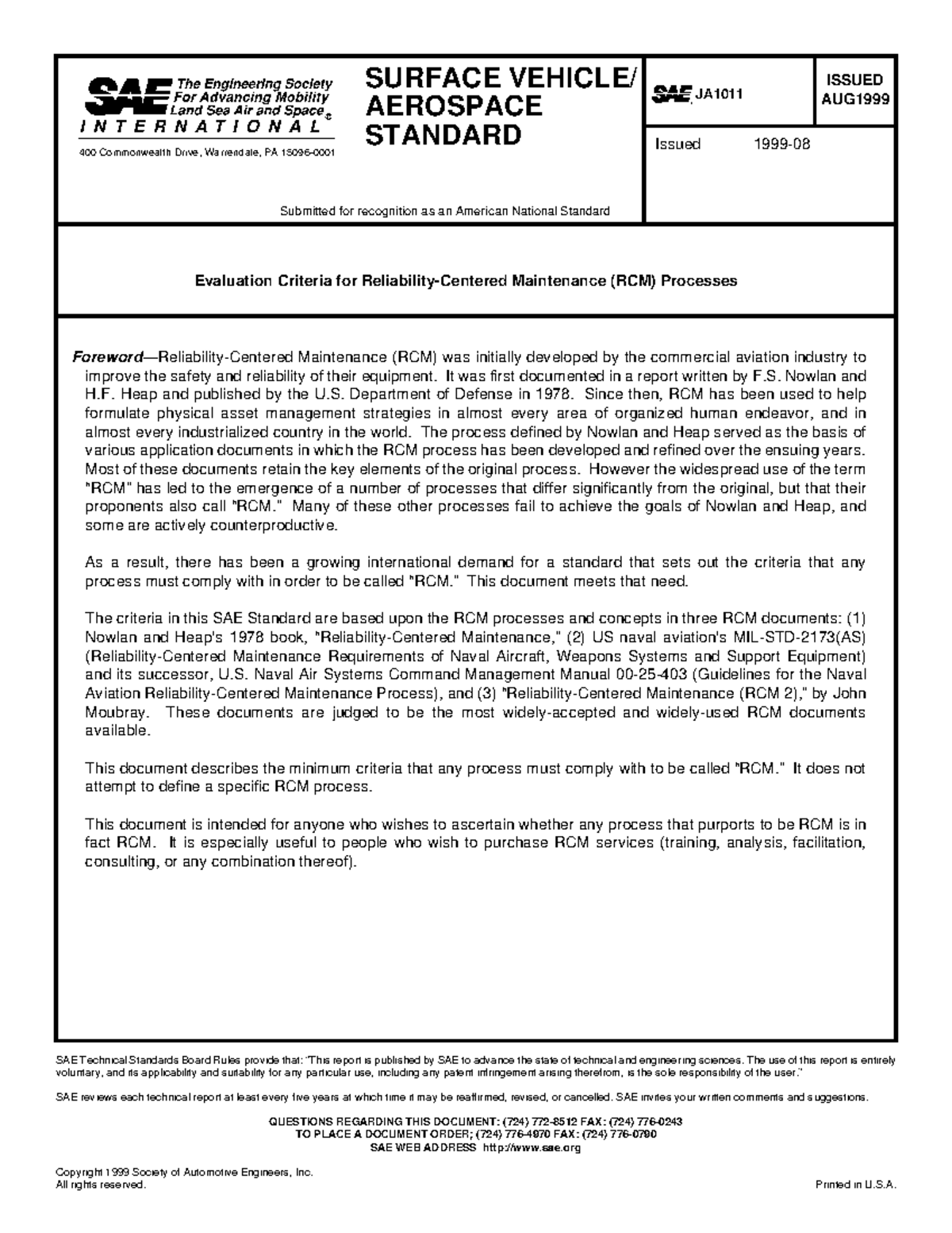 SAE-JA1011 RCM - RCM - SAE Technical Standards Board Rules provide that ...